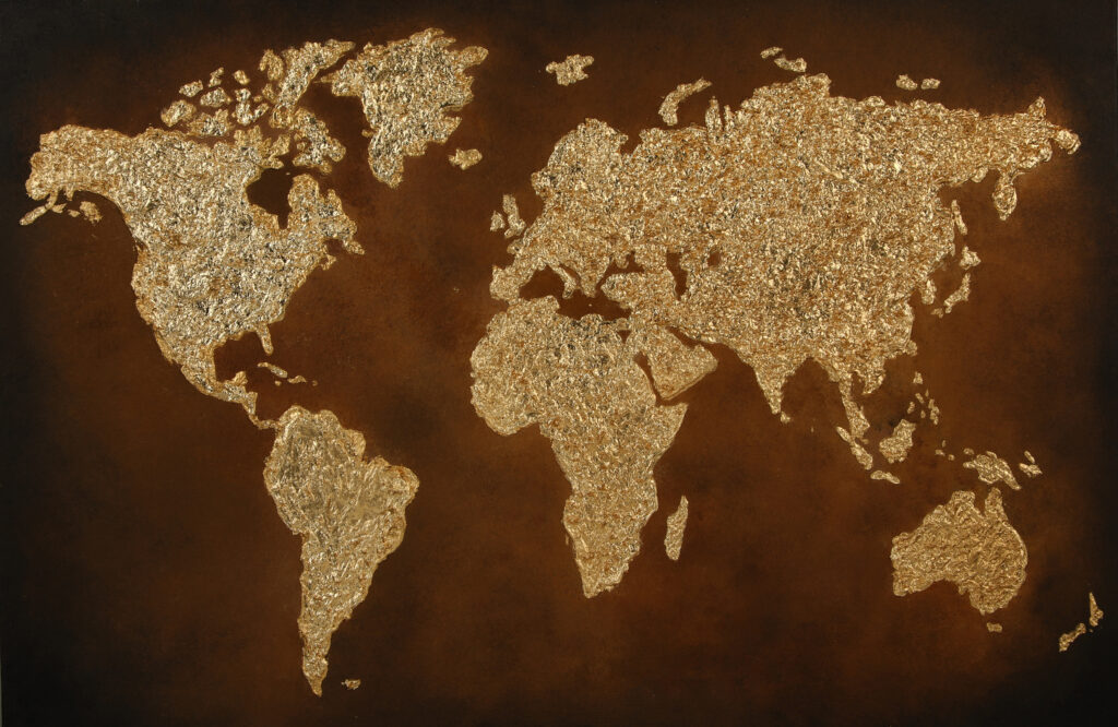 World Map – Brown – Gold Leaf – Acrylic – Textured – Piture Art by ...